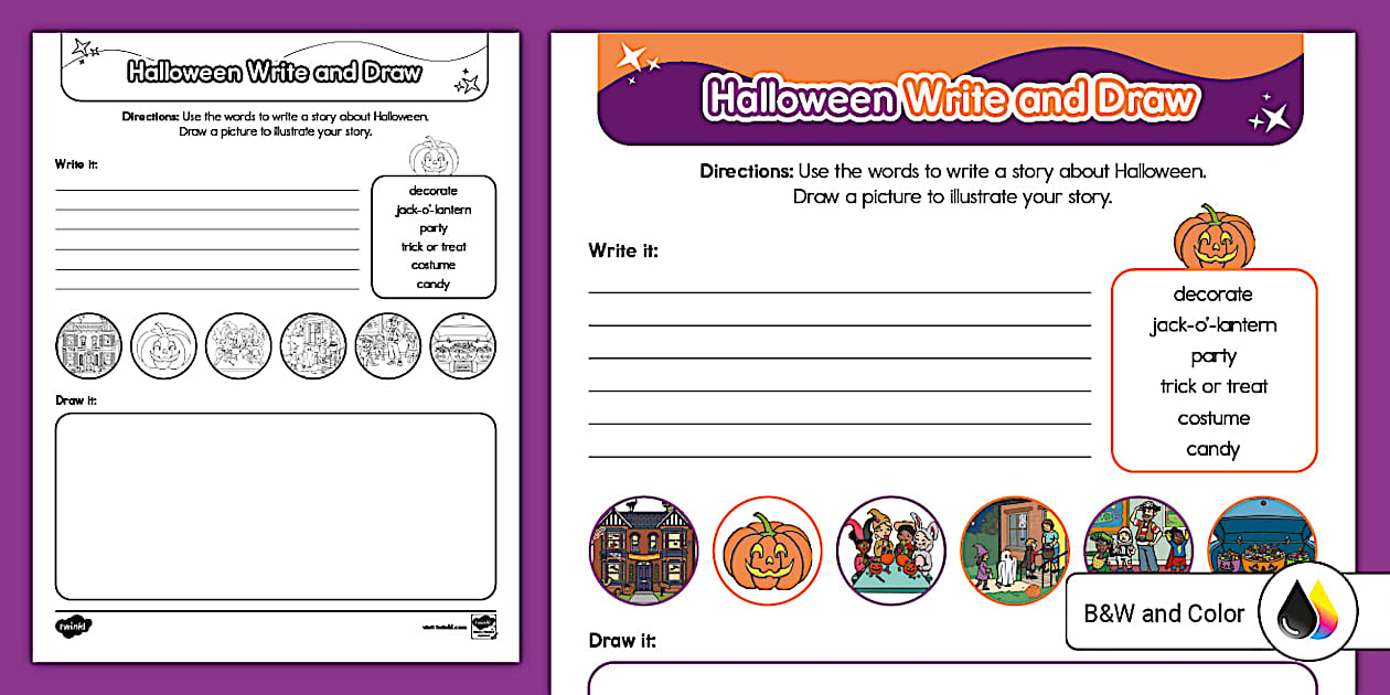 First Grade Halloween Write and Draw Worksheet - Twinkl