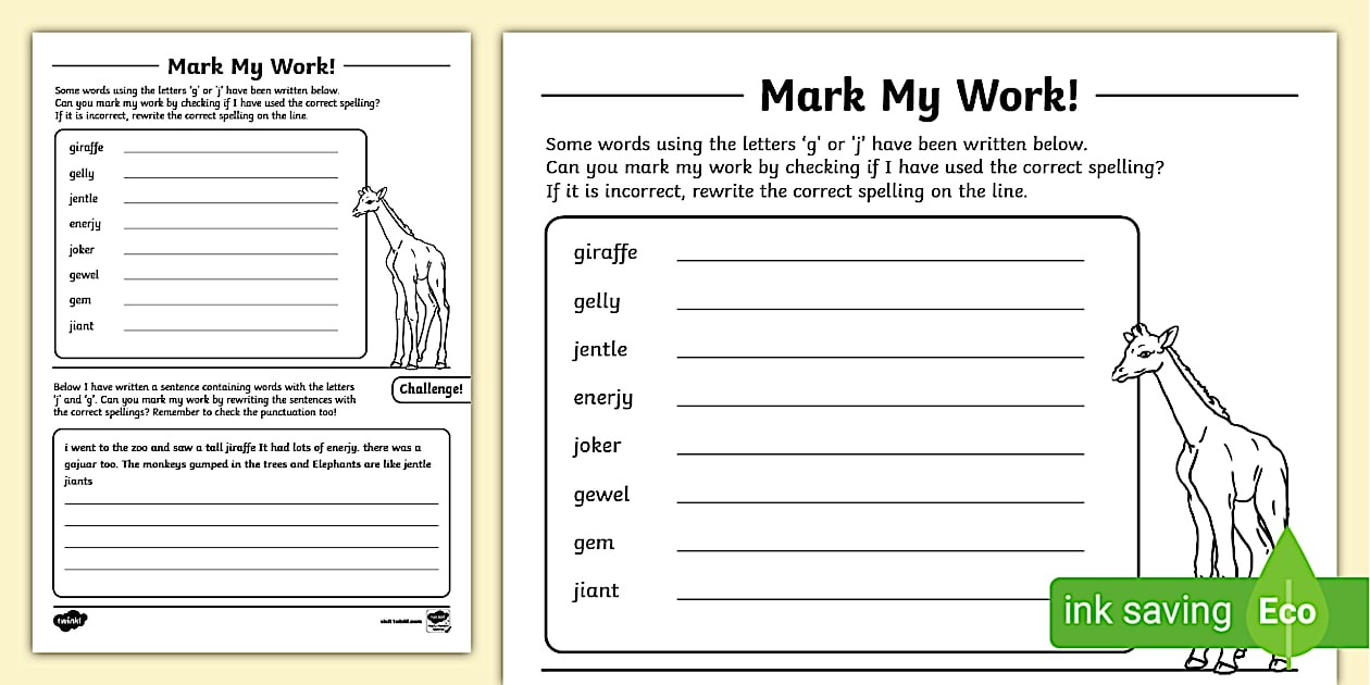 Mark My Work! 'j' and 'g' Words, j g (teacher made) - Twinkl