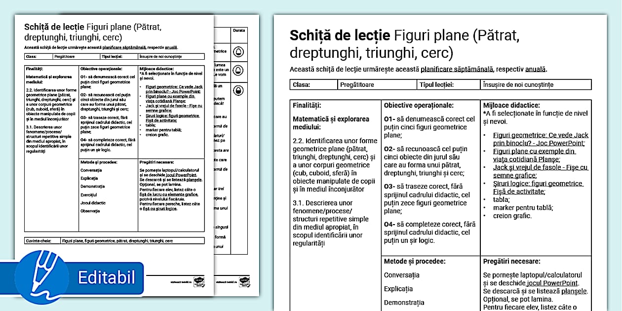 Figuri plane: denumire, conturare – Schiță de lecție