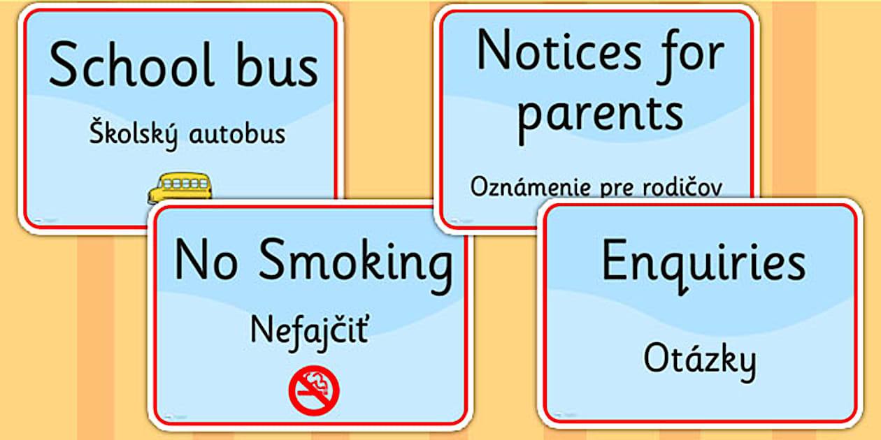 School Office Reception Signs EAL Slovak Version - EAL display