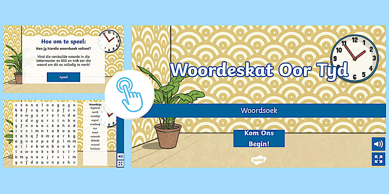 Interaktiewe Speletjie - Tyd Woordeskat Woordsoek - Twinkl
