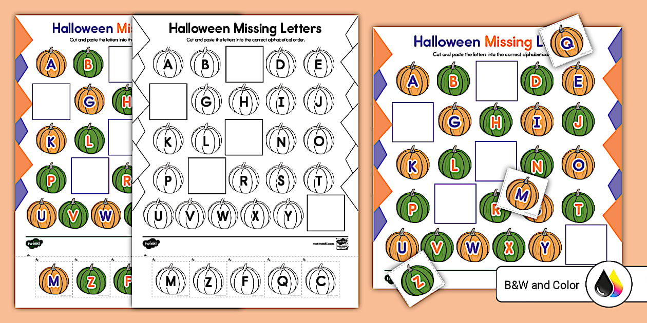Halloween Missing Letters Cut and Paste Worksheet | Twinkl