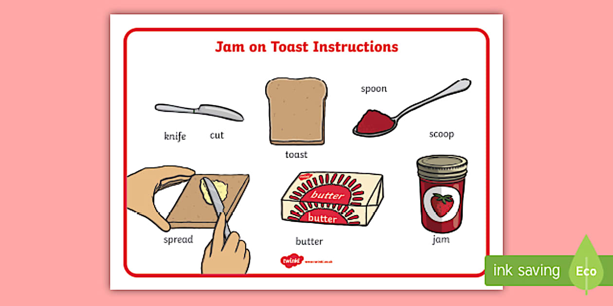 Black and White Jam on Toast Instructions Word Mat - Twinkl