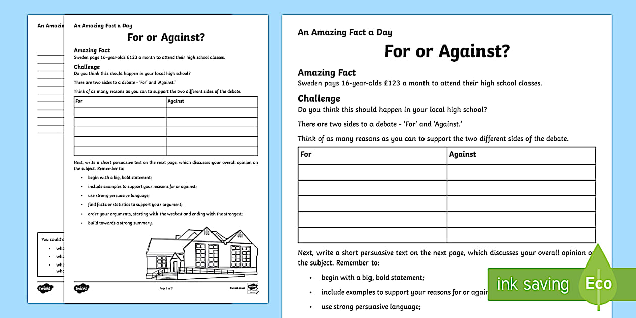 Editable For or Against? Worksheet (teacher made) - Twinkl