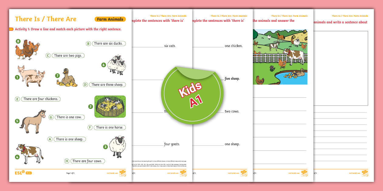 ESL There Is / There Are: Farm Animals Activity Sheet [Kids, A1]