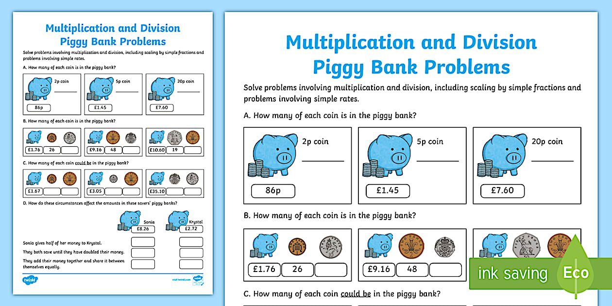 Scaling Numbers: What's in the Piggy Bank? Worksheet / Worksheet