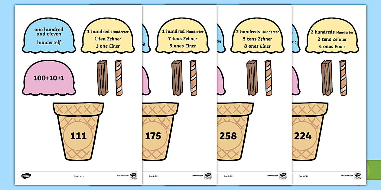 Place Value Ice Cream Cone Matching Activity English/German