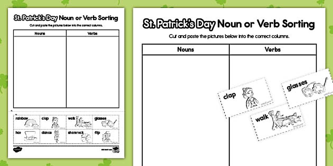 St. Patrick's Day Noun or Verb Cut and Paste Sorting Worksheet for K ...