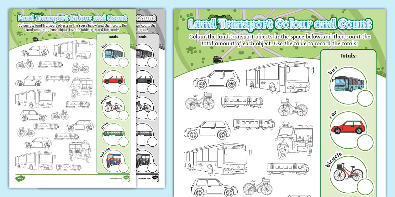 Land Transport Colour and Count Worksheet (teacher made)
