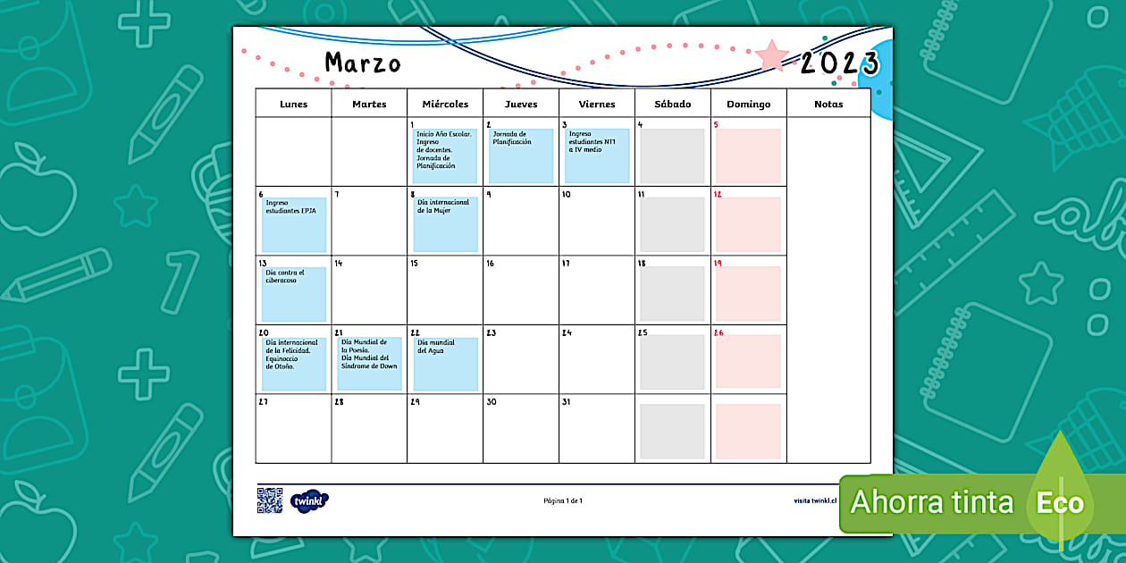 Calendario: Marzo 2023 (teacher made) - Twinkl