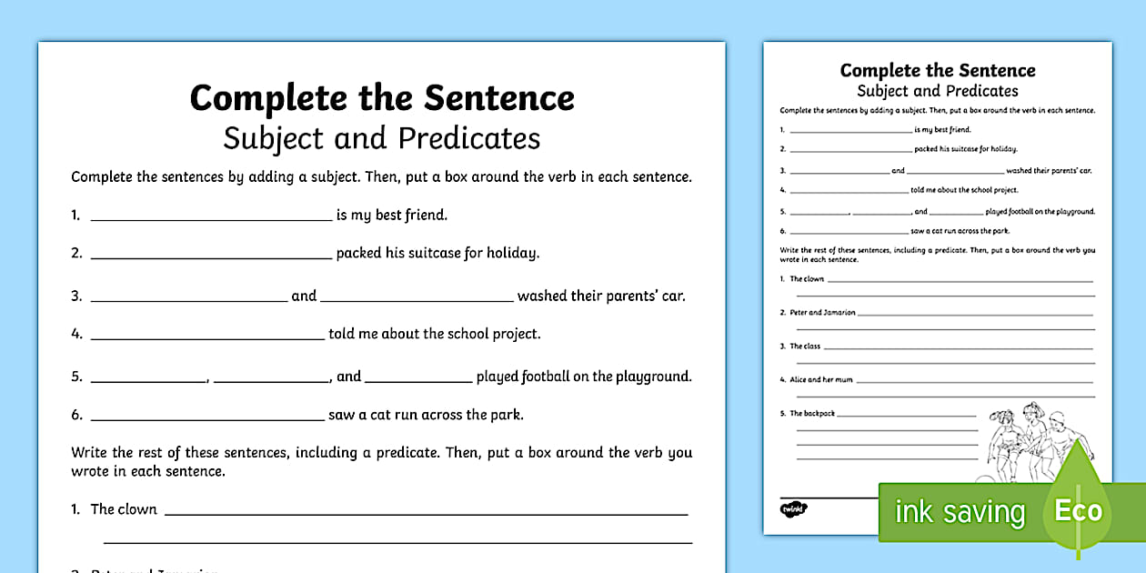 Editable Complete the Sentence Subject and Predicate Activity