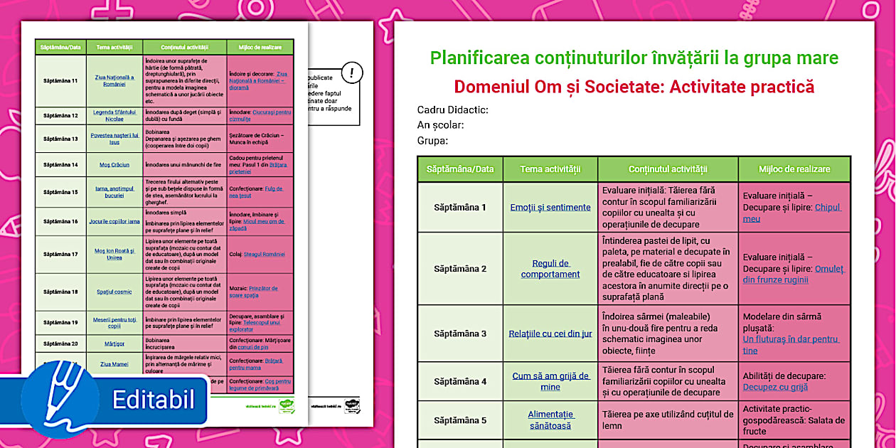 Activitate practică – Planificarea conținuturilor grupa mare