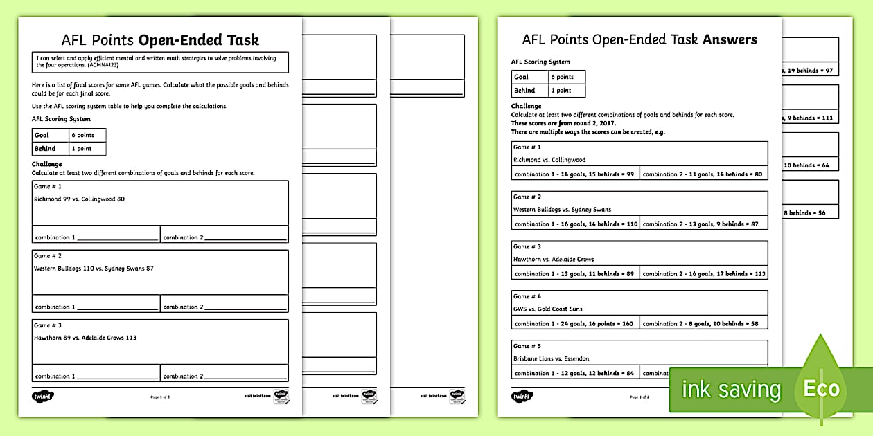 AFL Points Open-Ended Task Worksheet / Worksheet - AC9M6N09