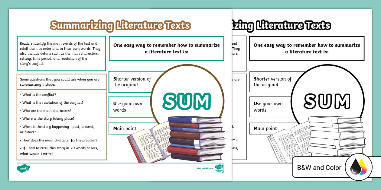 Sixth Grade Summarizing Literature Texts Reference Sheet