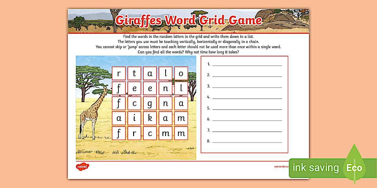Giraffes Word Grid Game (Teacher-Made) - Twinkl