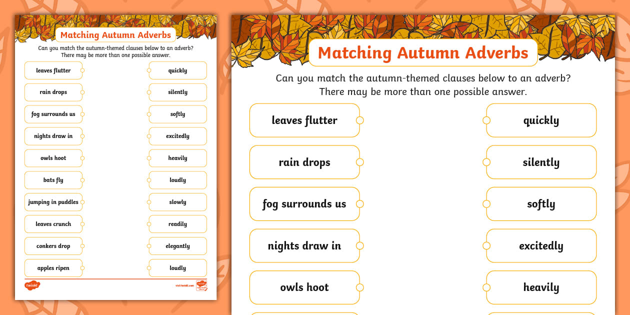 Autumn Adverbs Words Matching Worksheet - Twinkl