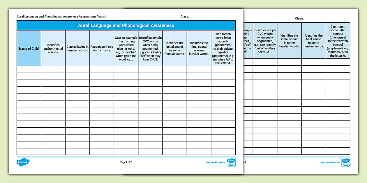 EYLF Aural Language and Phonological Awareness Assessment Tracker