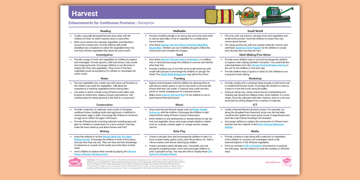 EYFS Harvest Continuous Provision Planning Ideas (Reception)