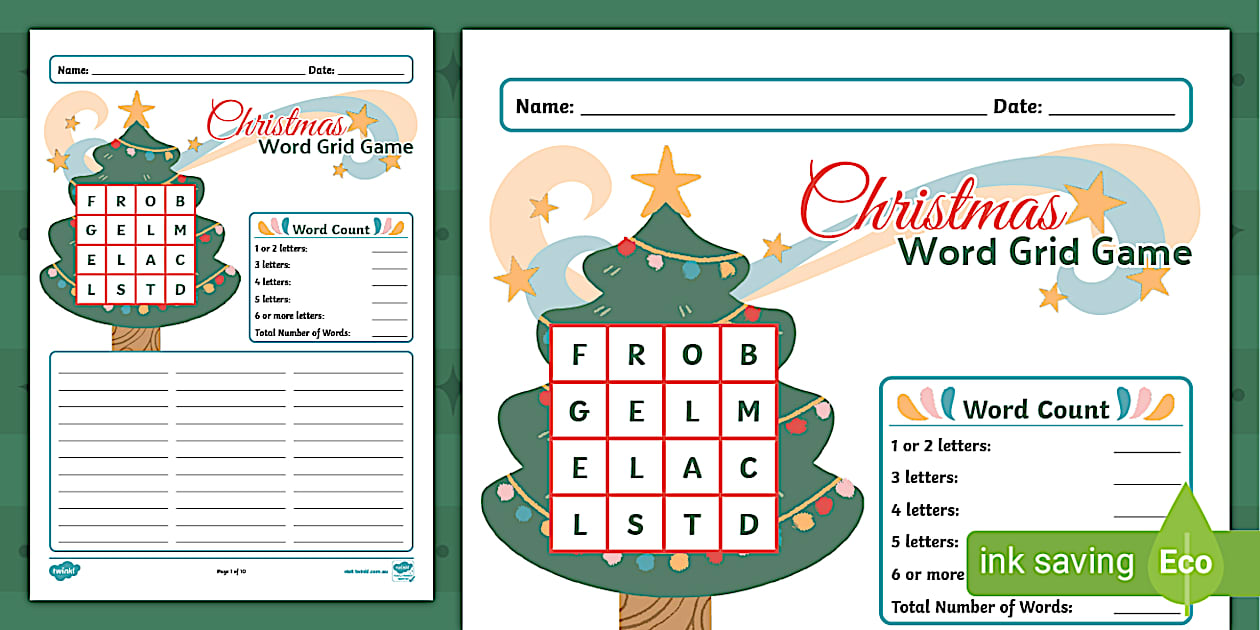 Christmas-Themed Word Grid Game Worksheets Years 3-6