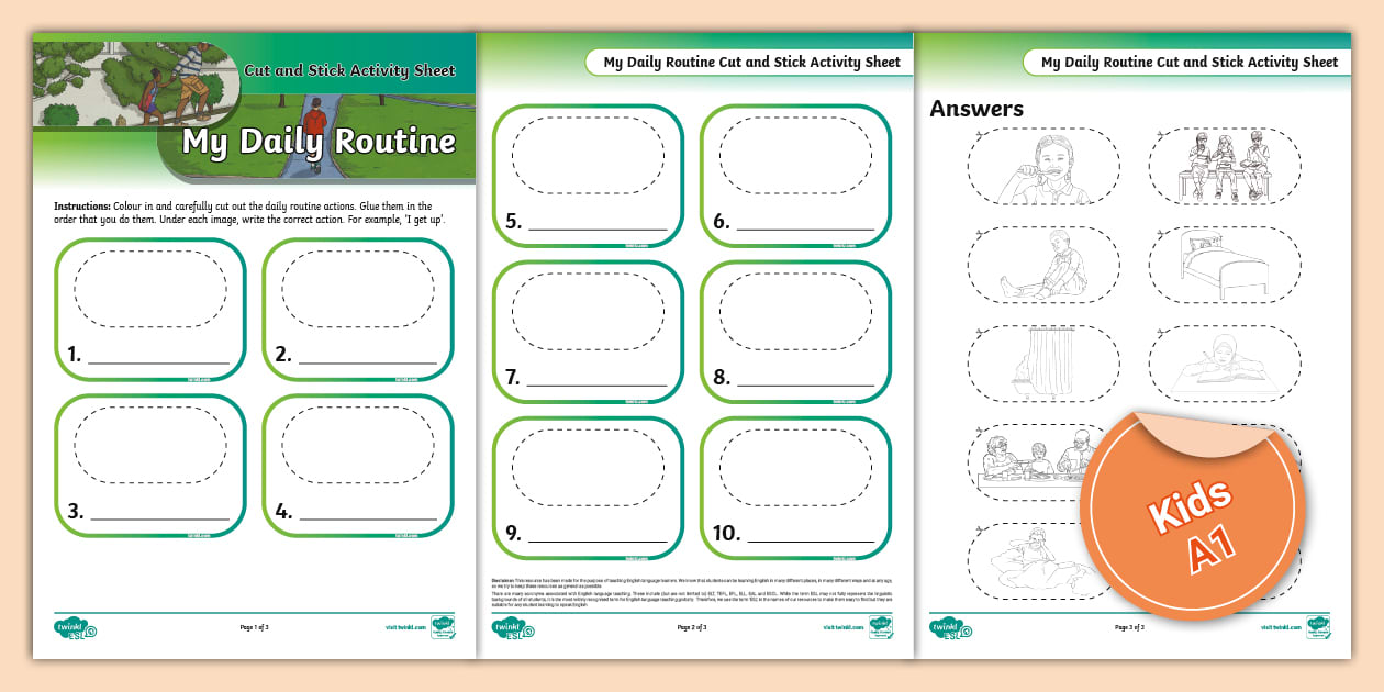 ESL My Daily Routine Cut and Stick Activity Sheet [Kids, A1]