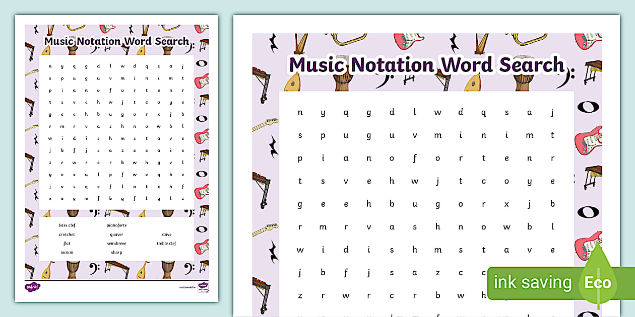 Music Notation Word Search 3rd/4th Class - Twinkl