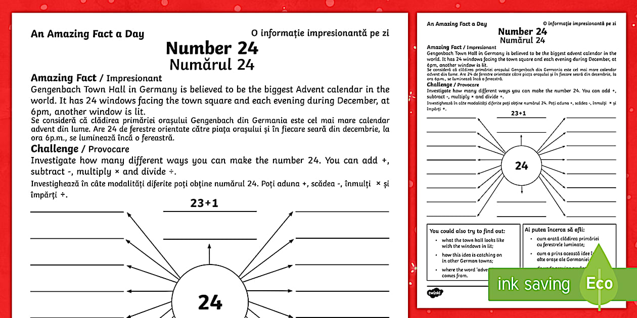 Number 24 Worksheet / Worksheet English/Romanian - Twinkl