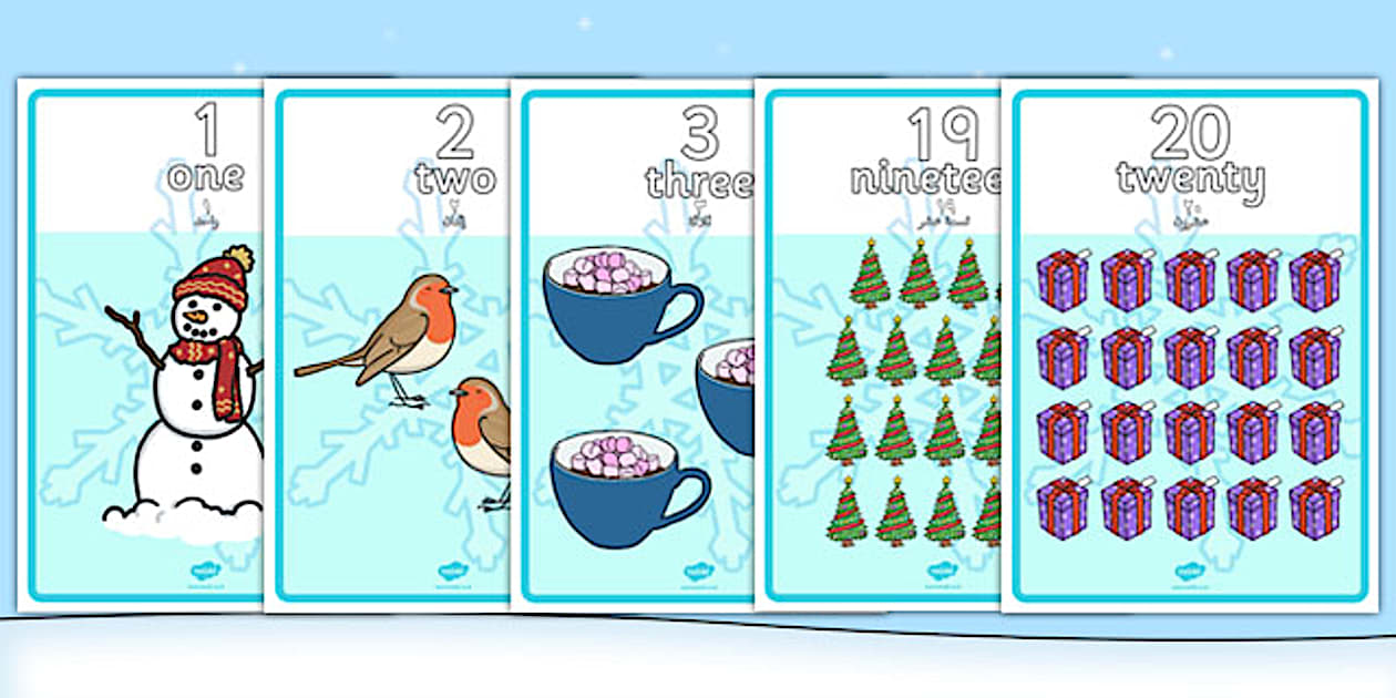 Winter Themed Number Posters 1-20 Words and Numbers Arabic Translation