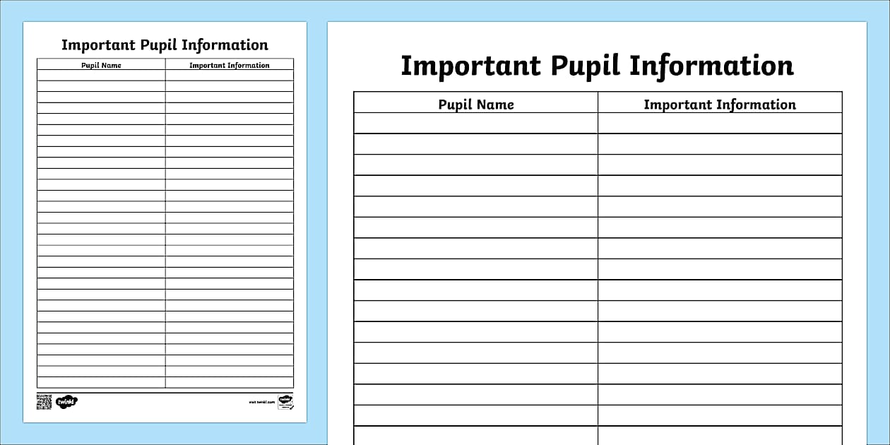 Pupil Important Information Sheet -important information, pupil ...