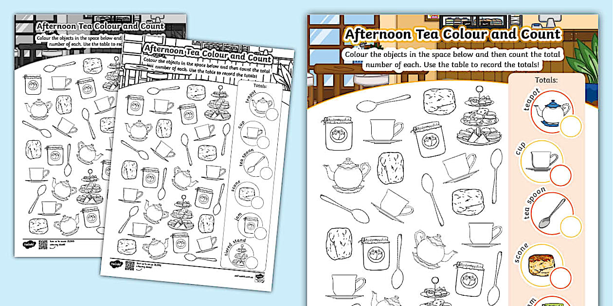 * NEW * Afternoon Tea Colour and Count Worksheet - Twinkl