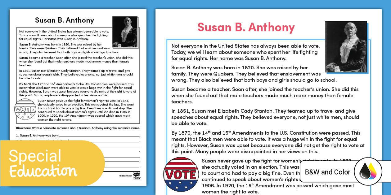 Susan B. Anthony Writing Worksheet for Special Education