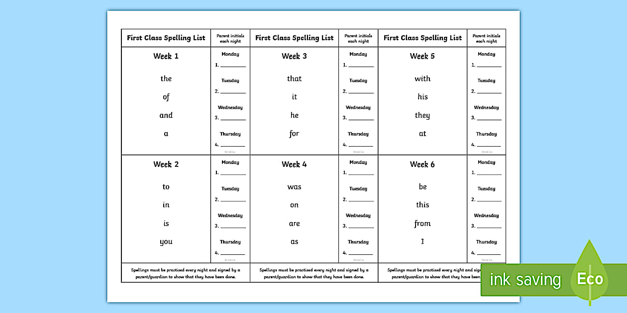 First Class Spelling Sheets Weeks 1-6 Cards - Twinkl