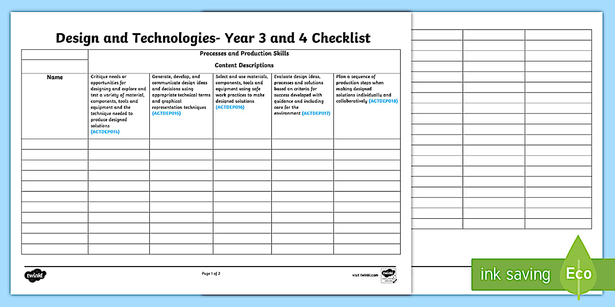 Design and Technologies Year 3 and 4 Processes and Production Skills ...