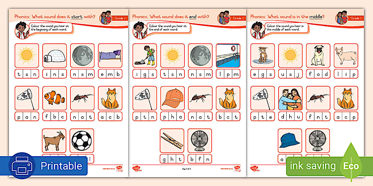 Grade 1 Phonics Worksheets: Beginning, Middle, and End Sounds