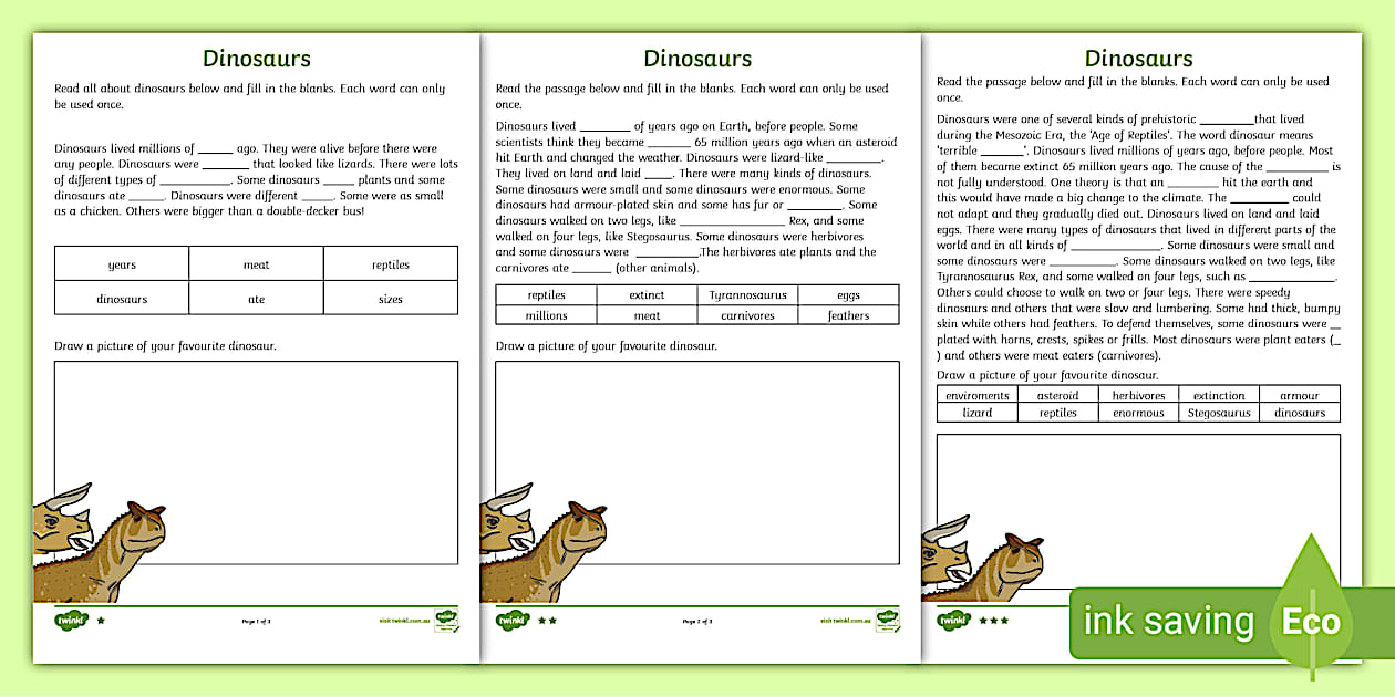 Dinosaurs Cloze Differentiated Worksheets (teacher made)
