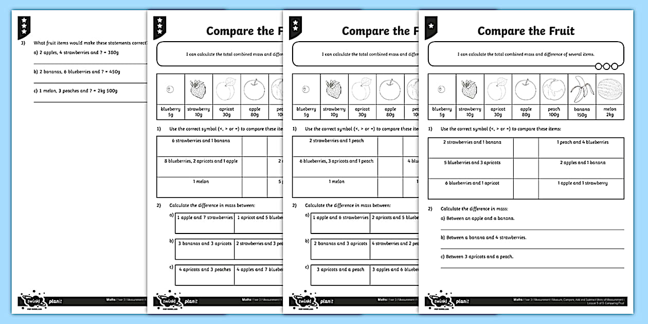 Compare the Fruit Mass Differentiated Worksheet - Twinkl