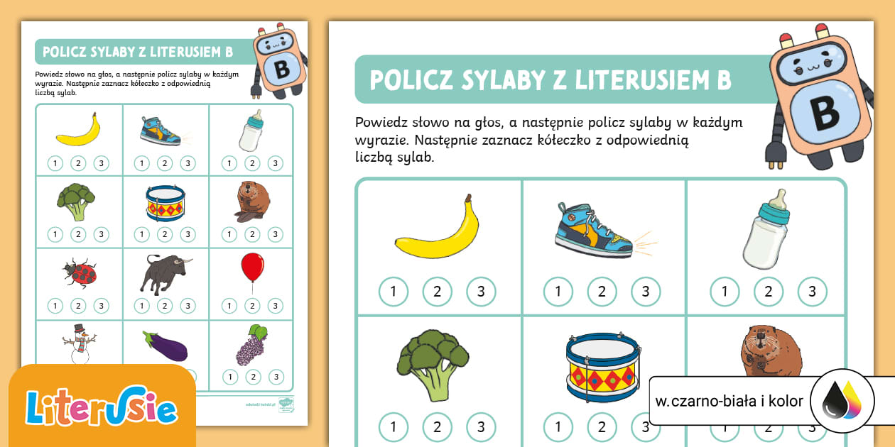 Literuś B | Policz sylaby w wyrazach na B | Karta pracy