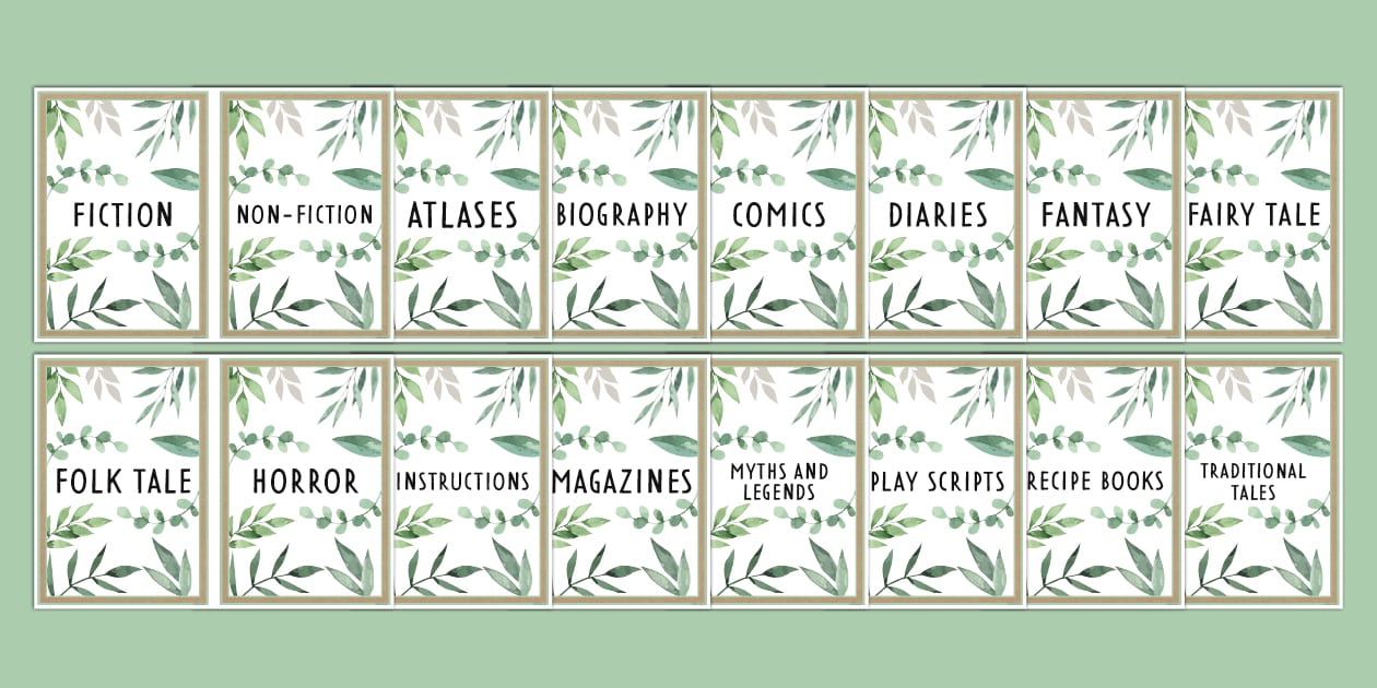 Muted Botanical Themed Book Genres Display Labels - Twinkl