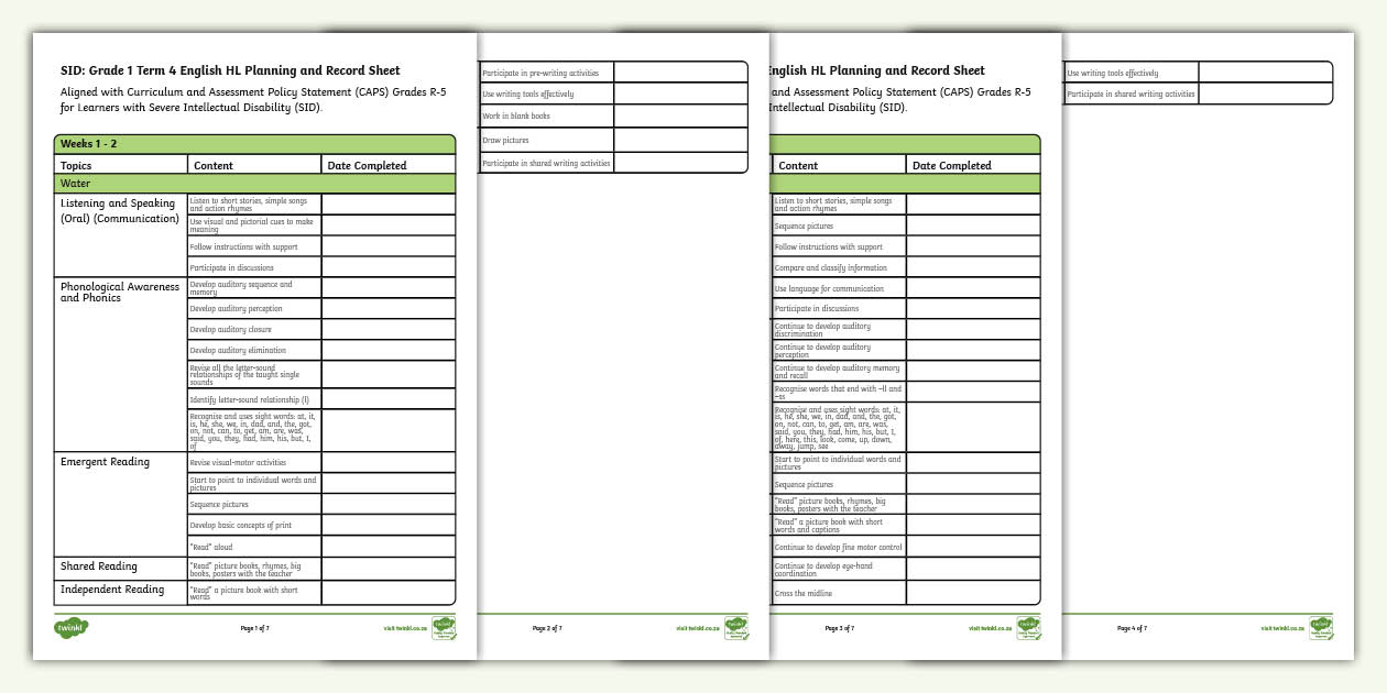 SID: Grade 1 Term 4 English HL Planning and Record Sheet