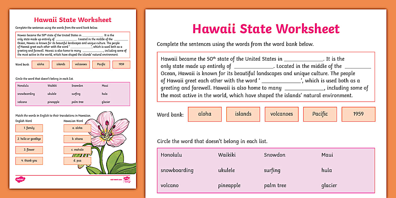 Hawaii: 50th State of America Worksheet - Twinkl