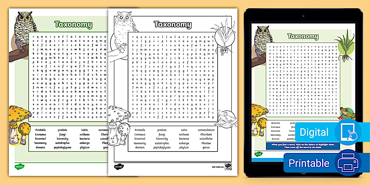 Taxonomy Word Search for 6th-8th Grade (teacher made)
