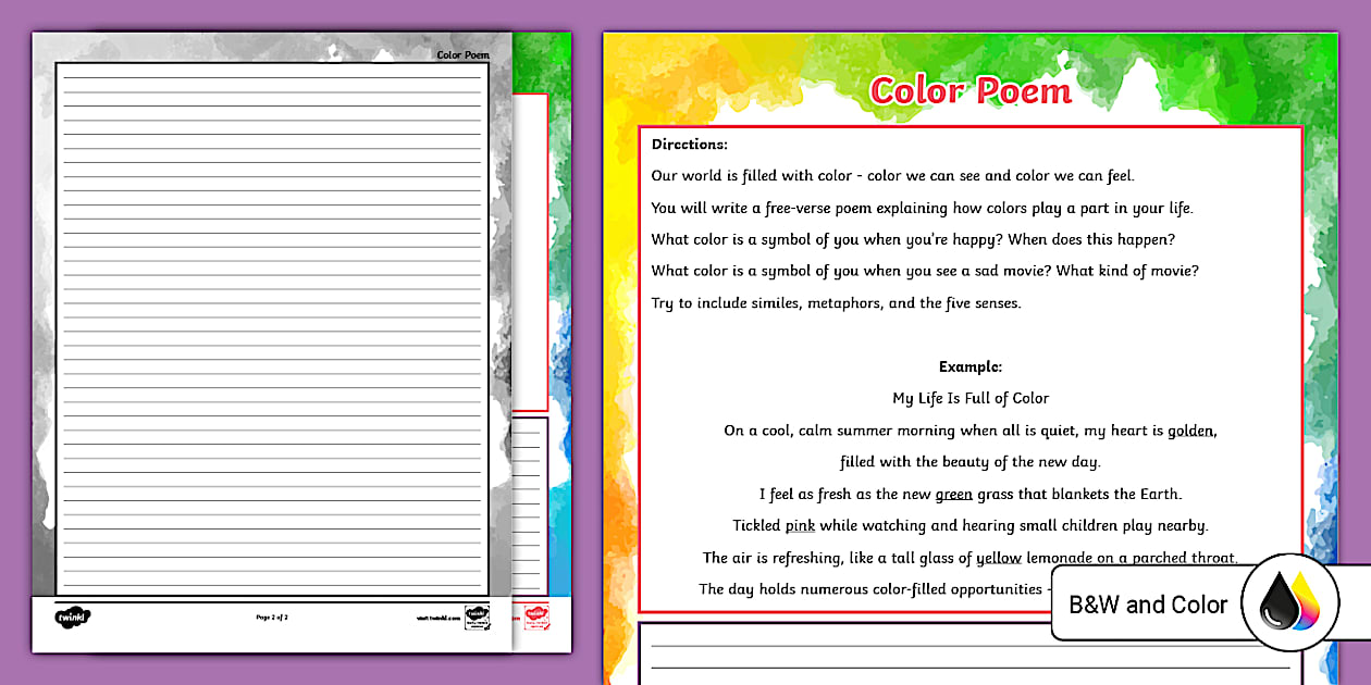 Eighth Grade Color Poem Worksheet | Resource | Twinkl USA