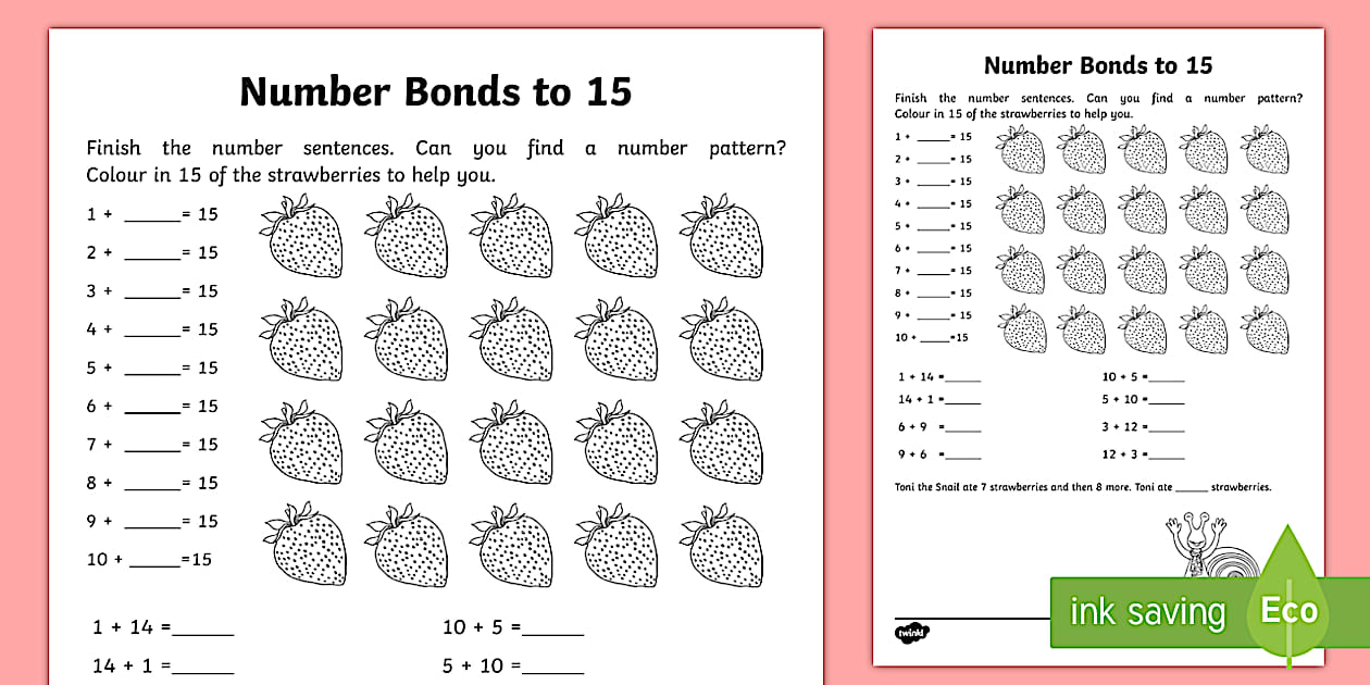 Number Bonds Within 20: Bonds to 15 Worksheet / Worksheet