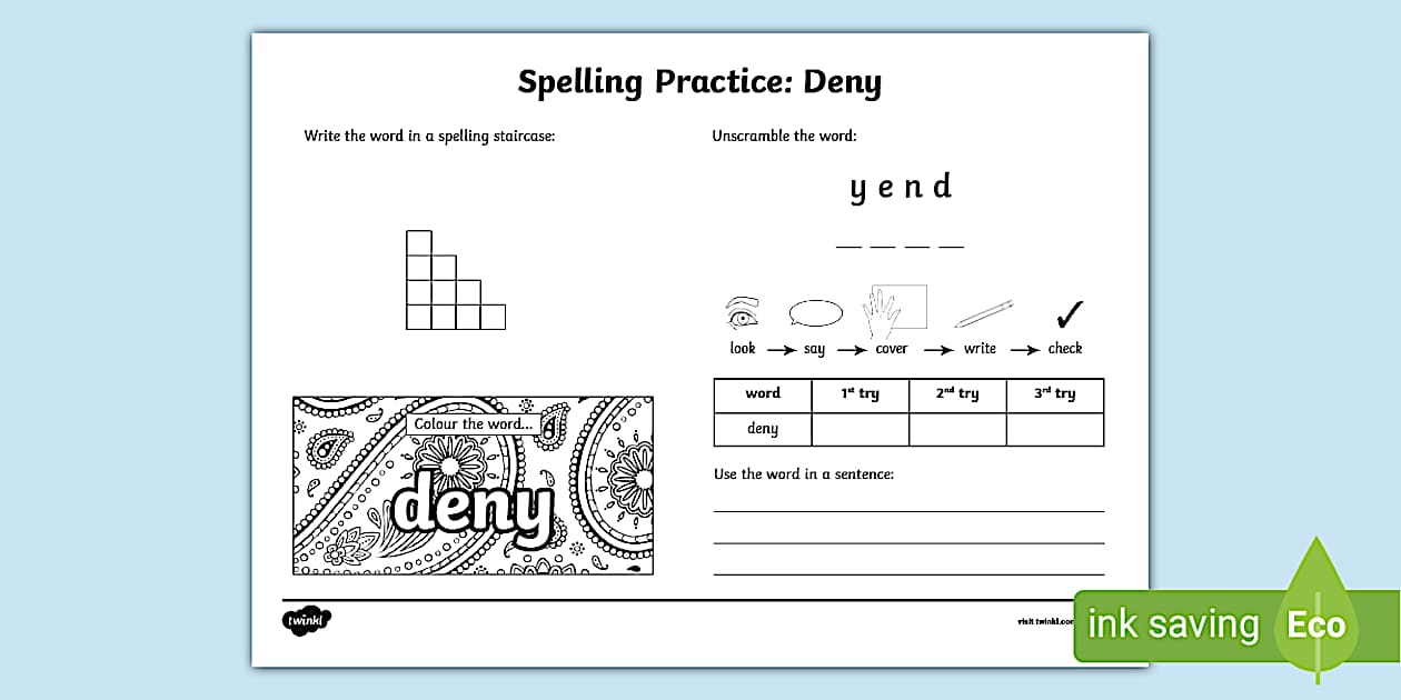 Deny Spelling Practice Worksheet (teacher made) - Twinkl