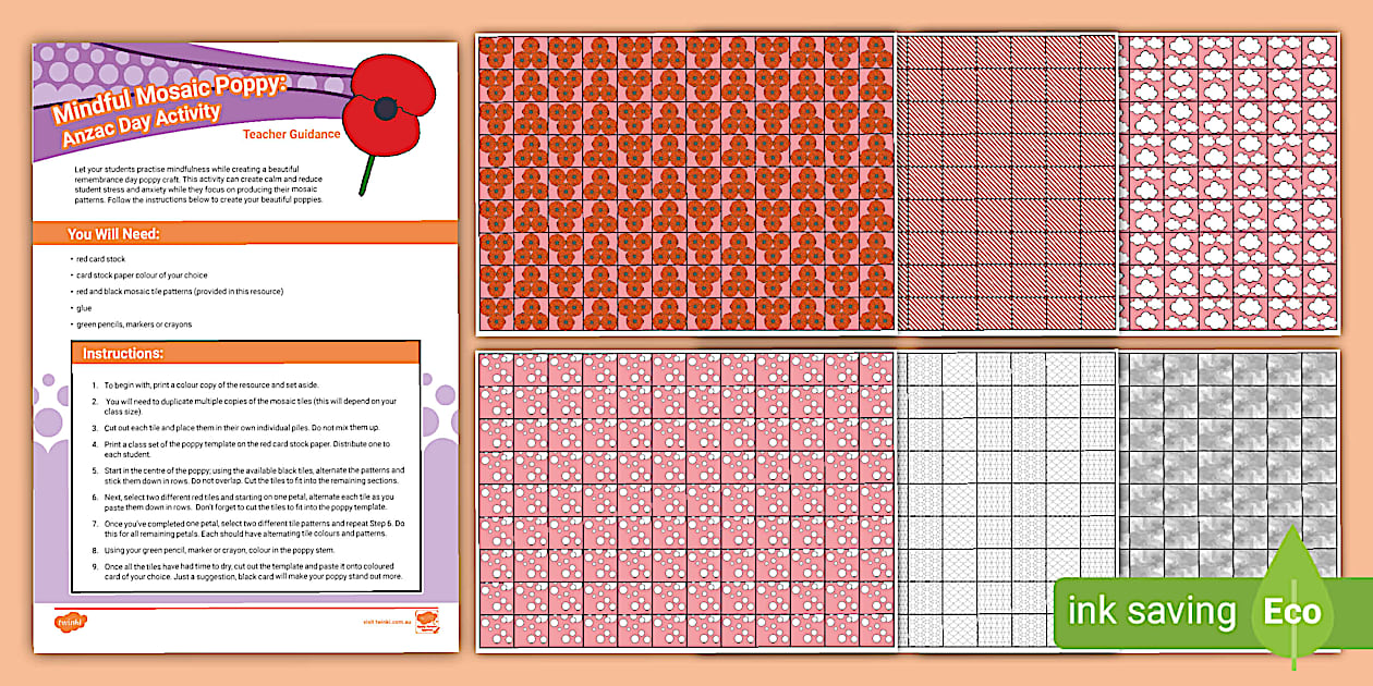 Mindful Mosaic Poppy: Anzac Day Activity (teacher made)