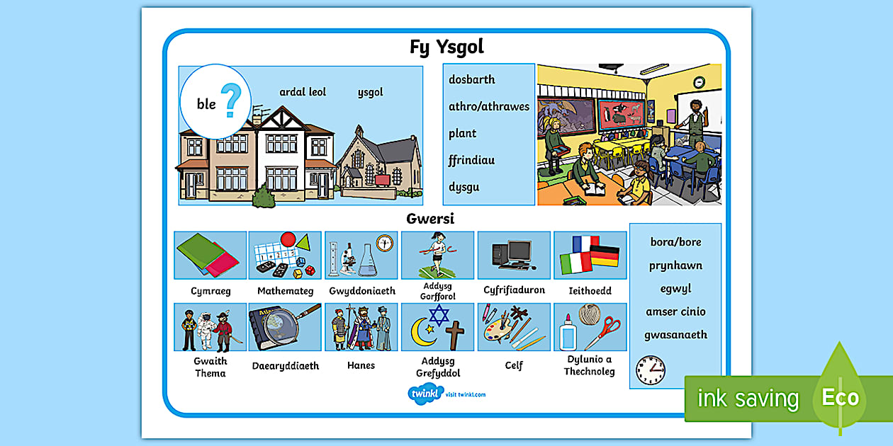 Fy Ysgol Mat Geiriau i helpu plant i ddysgu geirfa'r ysgol