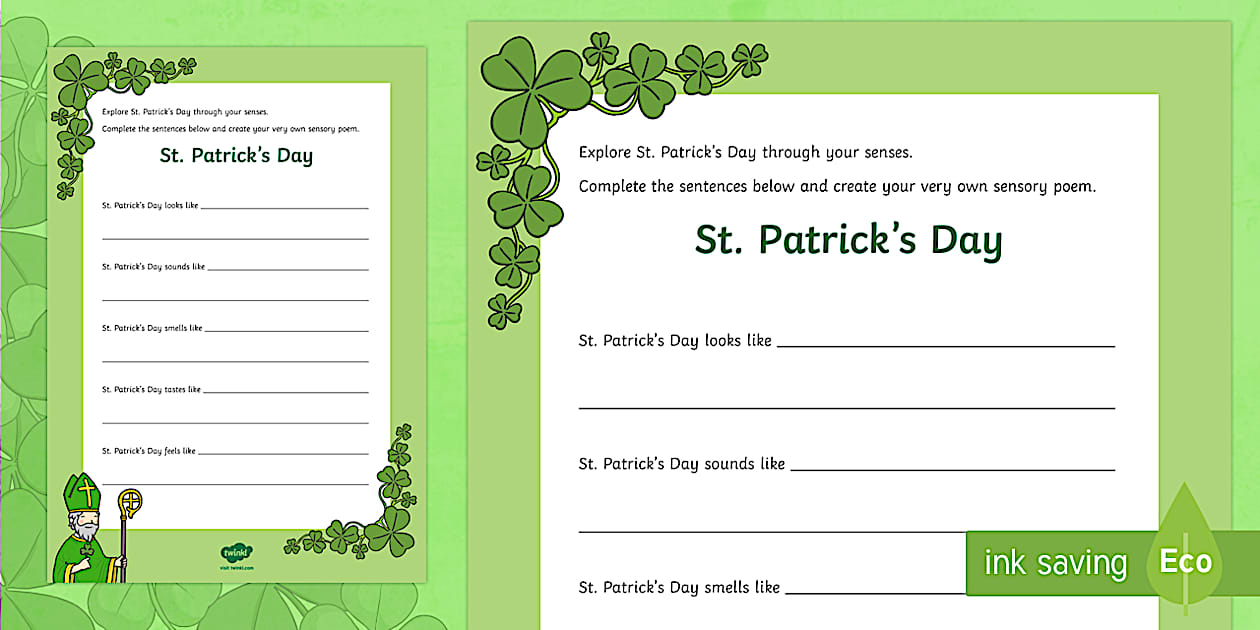 Black and White St. Patrick's Day Sensory Poem Worksheet