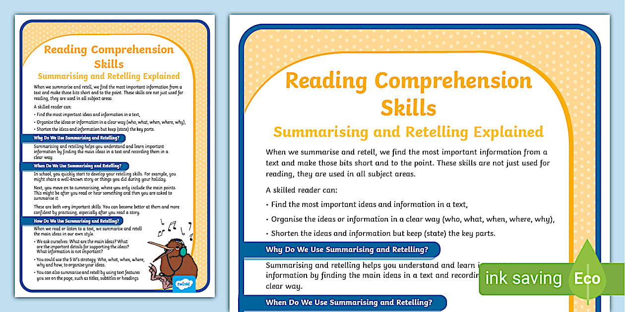Reading Comprehension Skills: Summarising and Retelling Poster (Year 3-4)