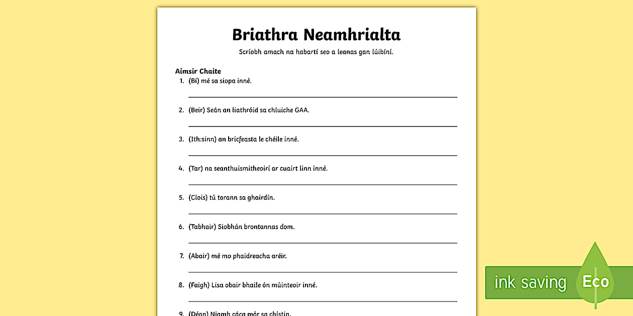 Junior Cycle Briathra Neamhrialta Aimsir Caite Worksheet Gaeilge