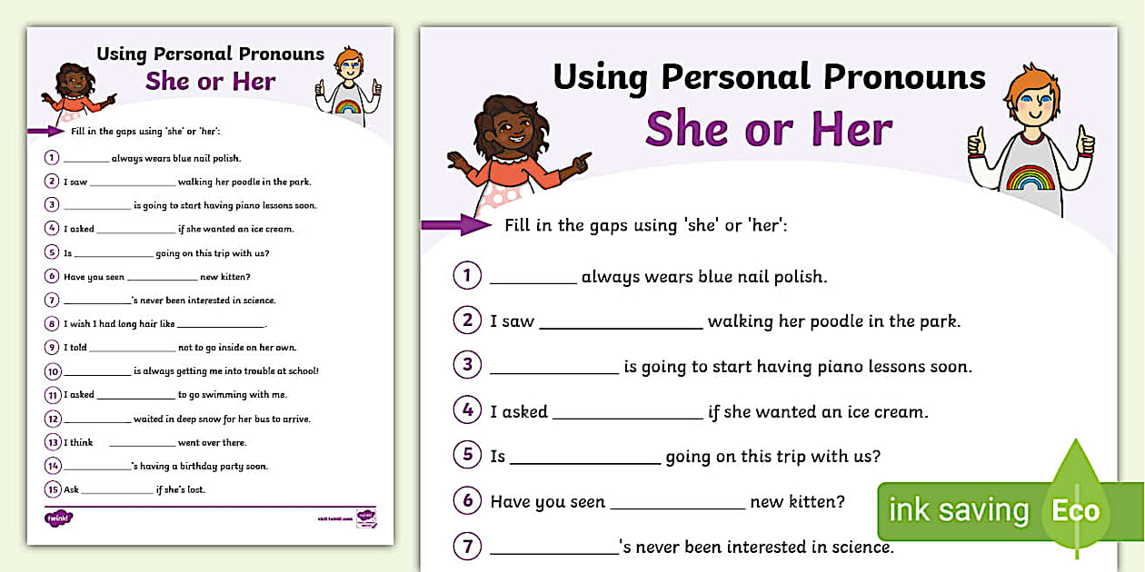 Black and White Using Personal Pronouns 'She' or 'Her' Worksheet