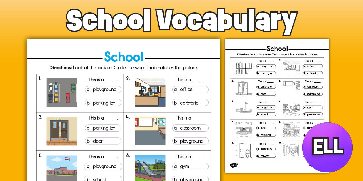School Vocabulary Picture and Word Worksheet for ELL